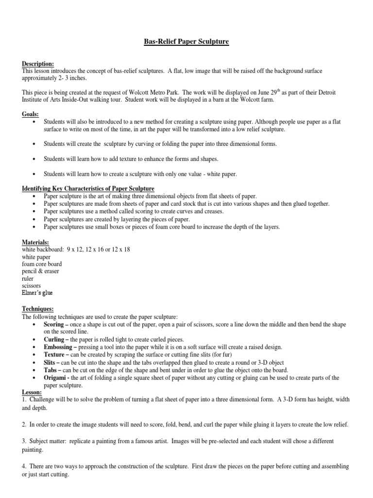 paper sculpture lesson plan | Relief | Paper