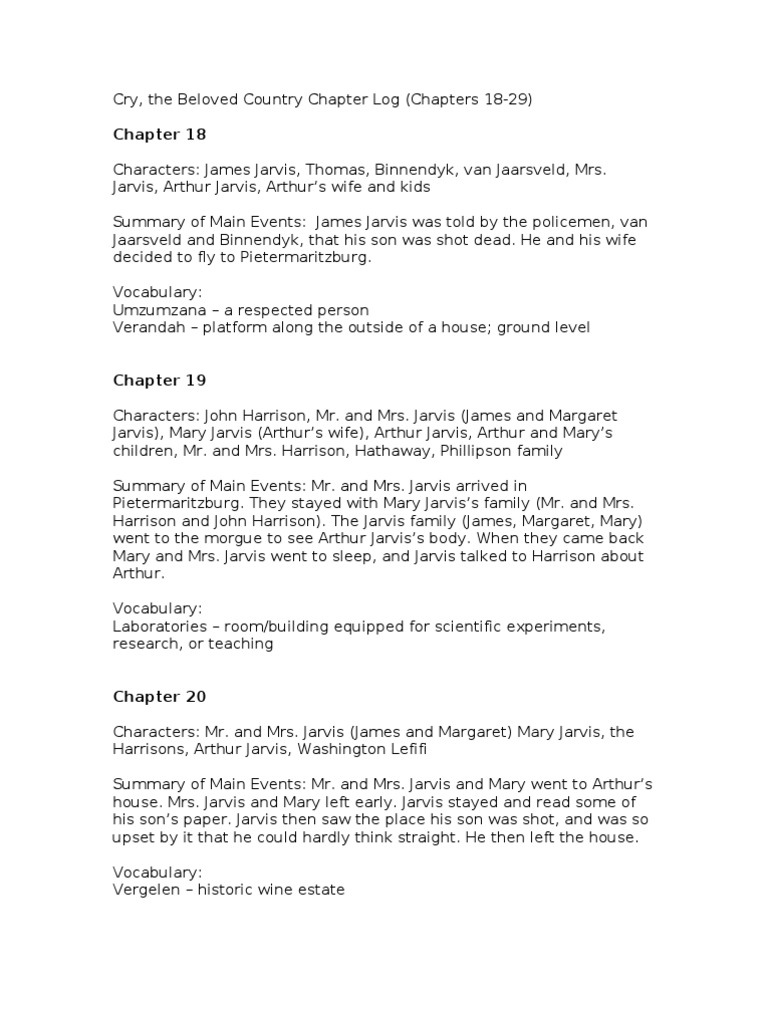 Cry, The Beloved Country Chapter Log (Chapters 18-29) Chapter 18