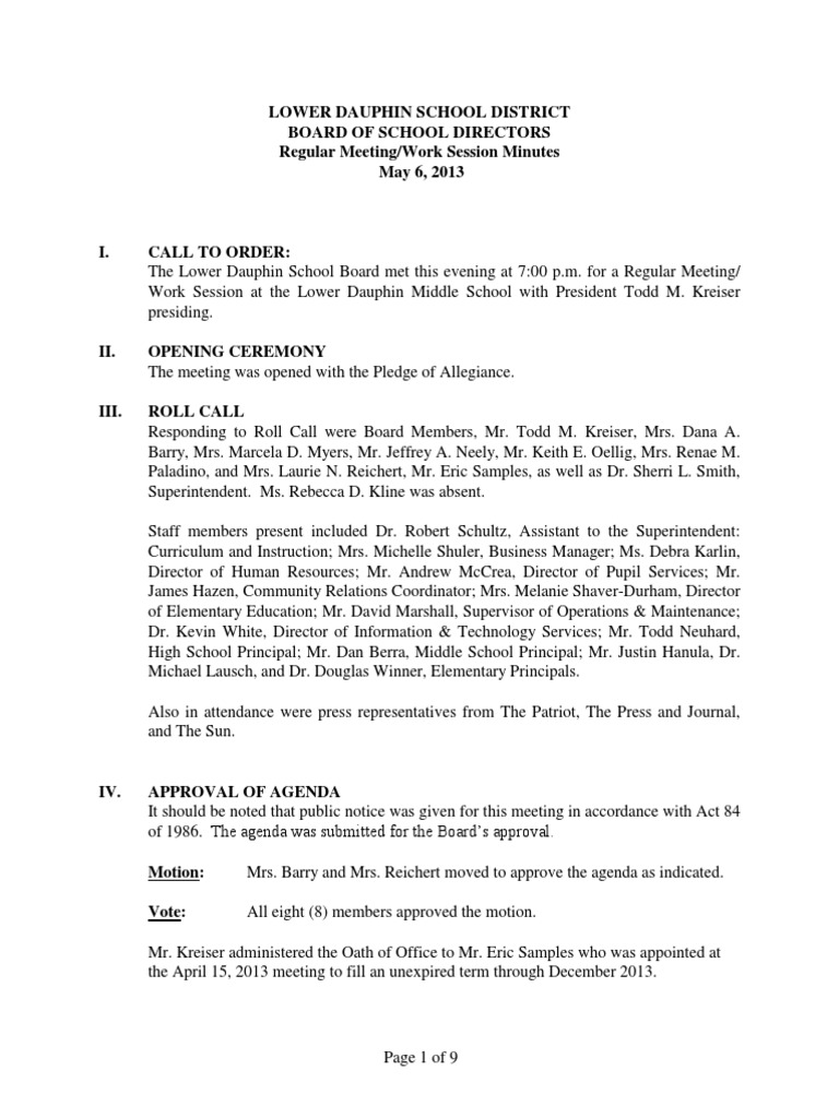 May 6, 2013 Lower Dauphin School Board Regular Meeting/Work Session ...