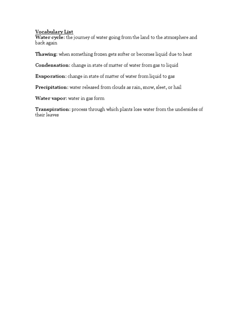 Water Cycle Vocabulary List | PDF