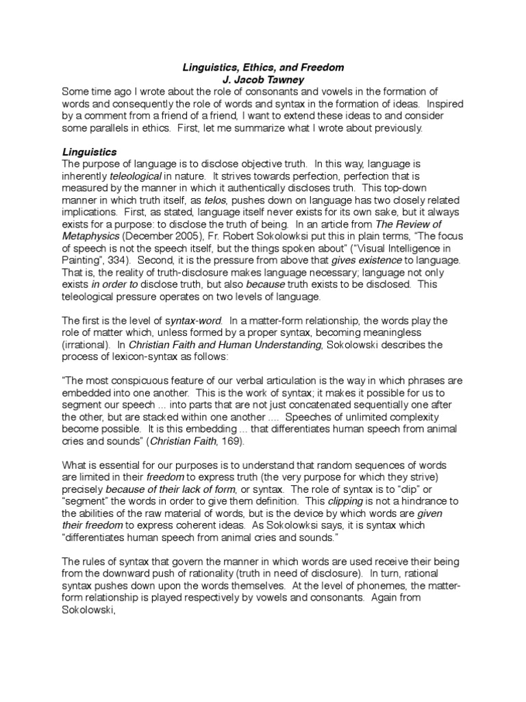 Linguistics and Ethics: A Teleological Approach | PDF | Speech | Truth