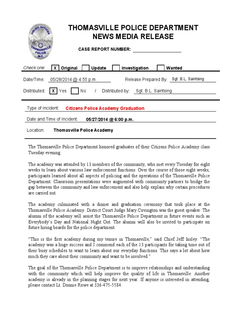 Thomasville Police Department News Media Release: Case Report Number ...