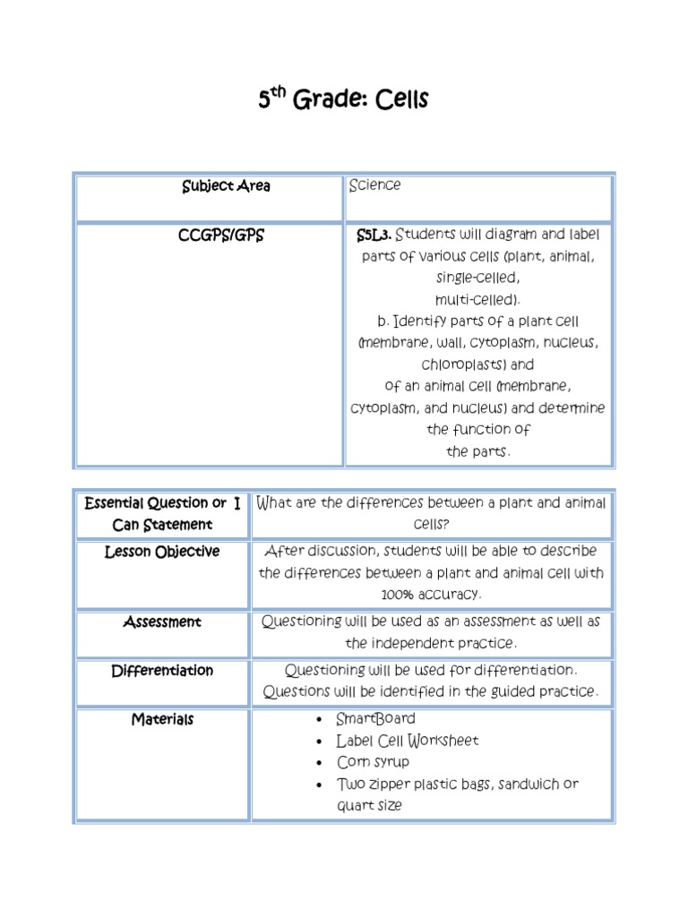 5th Grade Cells Lesson Plan | PDF | Cytoplasm | Vacuole