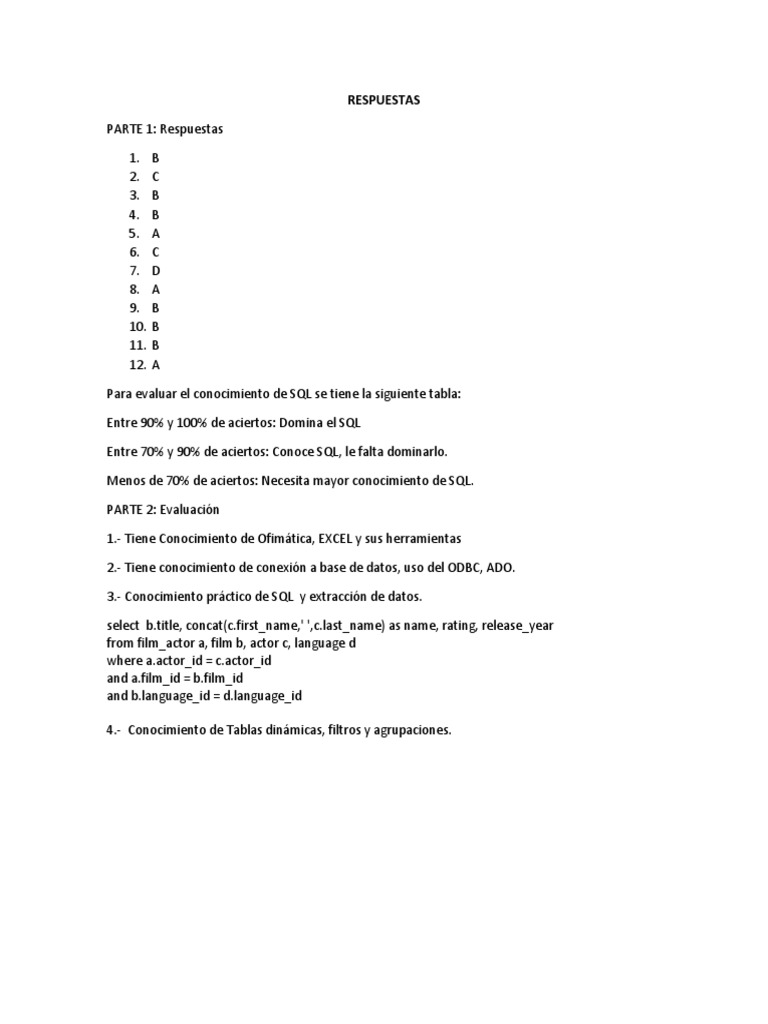 Respuestas de Examen de SQL Basico | PDF
