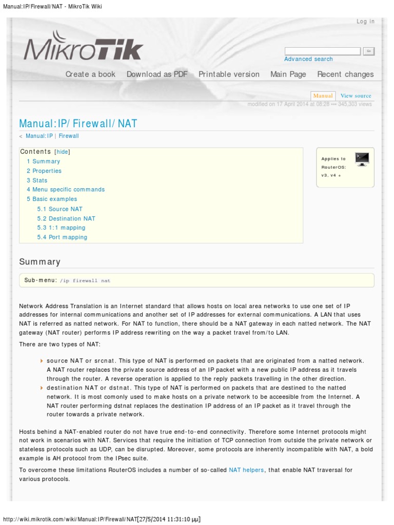 Manual IP Firewall NAT - MikroTik Wiki | PDF | Transmission Control Protocol | Router (Computing)