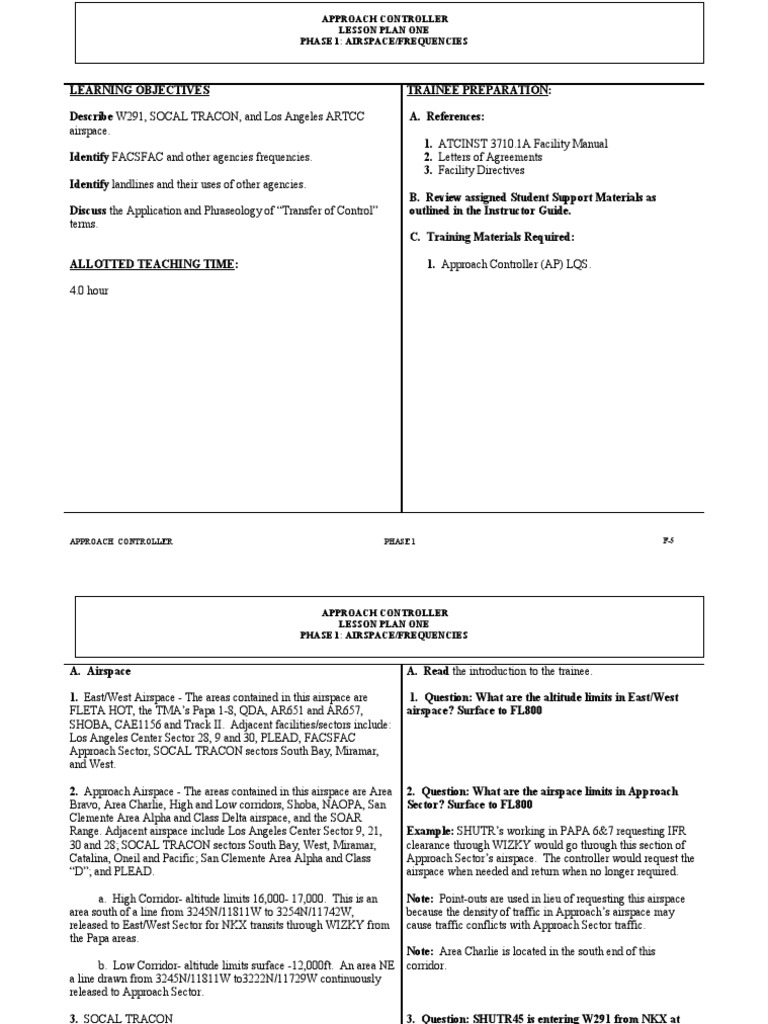 Approach Controller Lesson Plan One Phase 1: Airspace/Frequencies | PDF ...