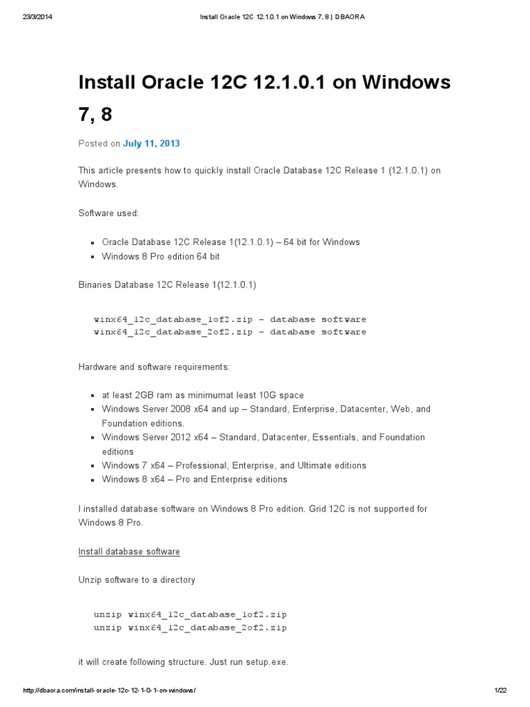 Install Oracle 12C 12.1.0 | PDF | Oracle Database | Microsoft Windows