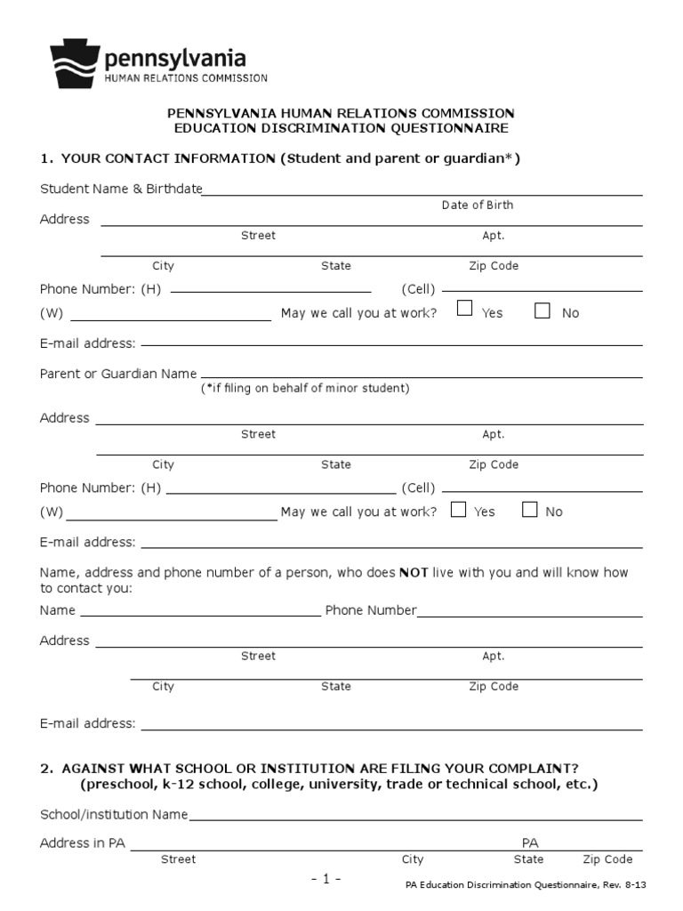 Education Discrimination Questionnaire | PDF | Disability | Race (Human ...