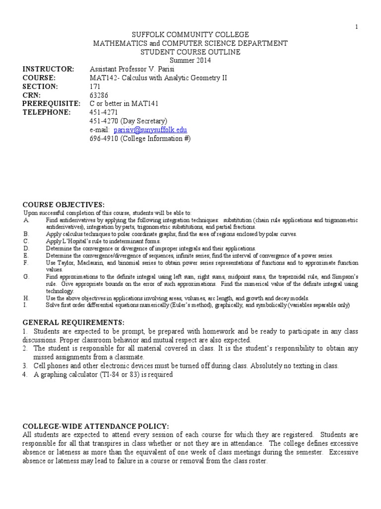 MAT 142 Course Outline | Series (Mathematics) | Integral