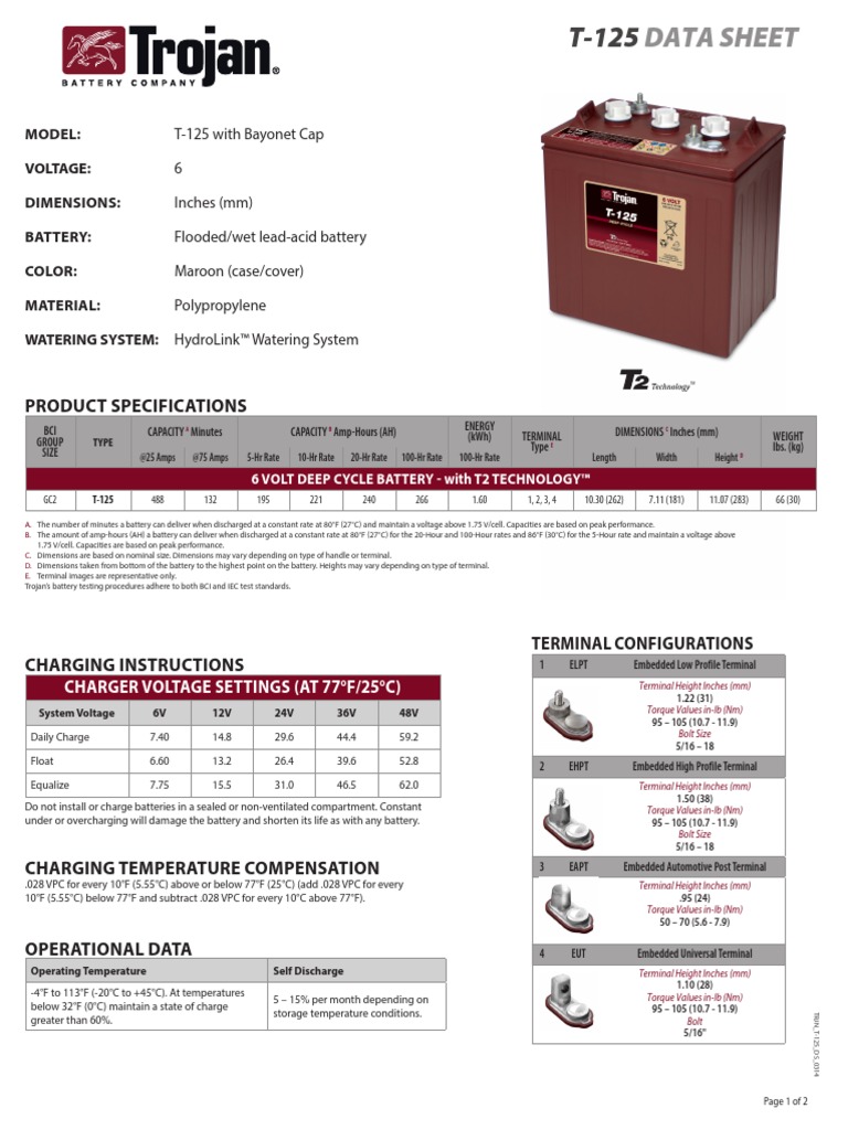 t125 Trojan Data Sheets | PDF | Battery (Electricity) | Electrical ...