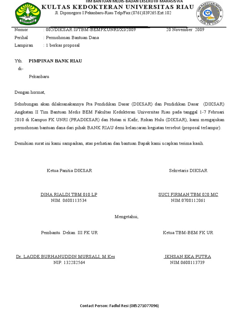 Surat Proposal TBM FK UNRI - DIKSAR II | PDF