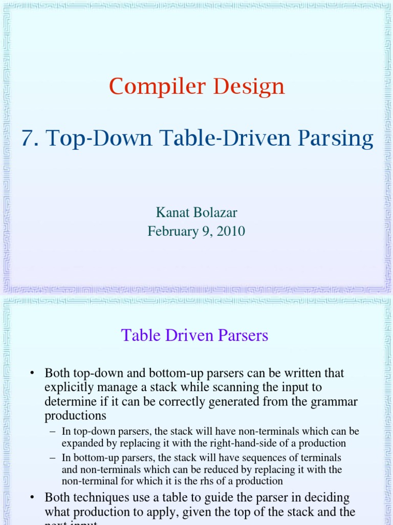 Compiler Design: 7. Top-Down Table-Driven Parsing | PDF | Parsing | Metalogic
