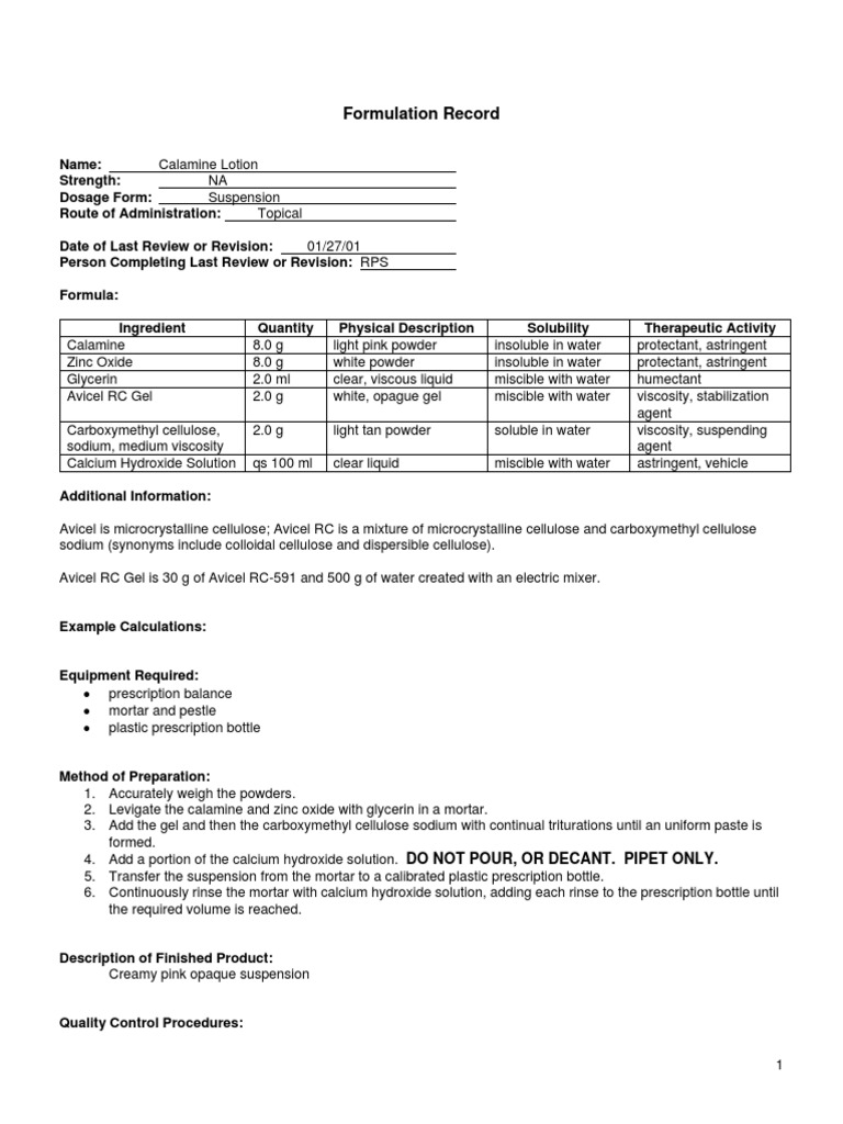 Calamine Lotion Form | Solubility | Pharmaceutical Formulation