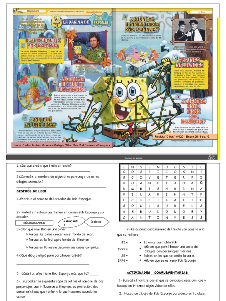 Actividades de Bob Esponja para Niños | PDF | Artes del Lenguaje y ...