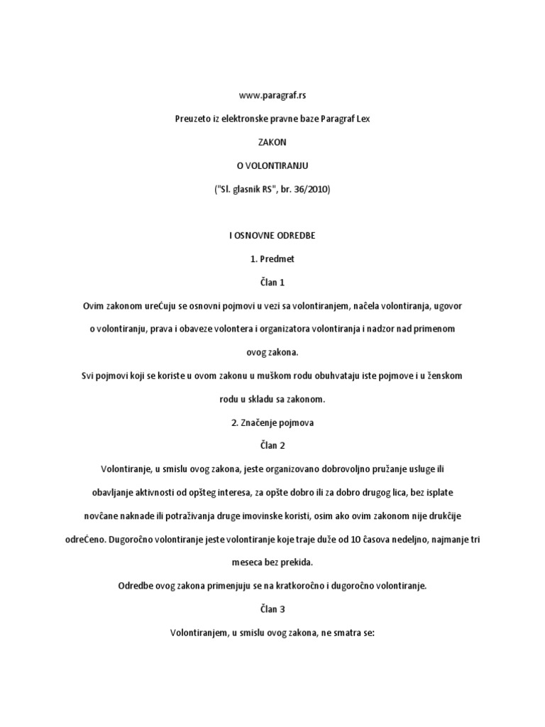 Zakon o Volontiranju | PDF
