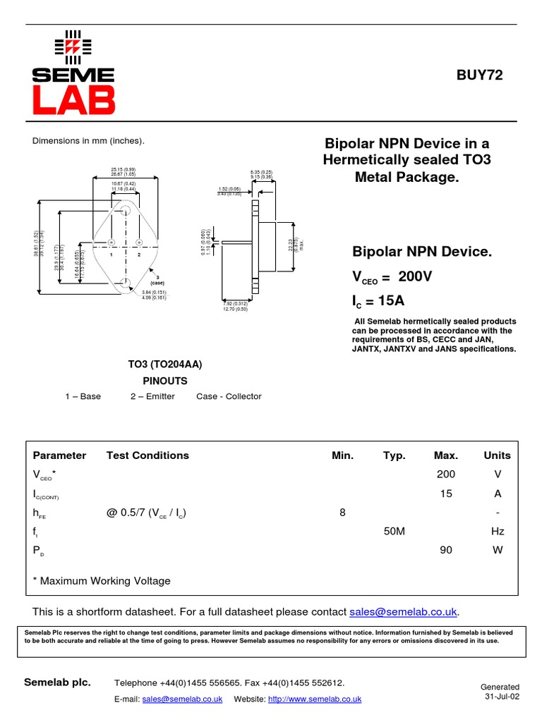 TO3 Transistor Pinout and Specs | PDF