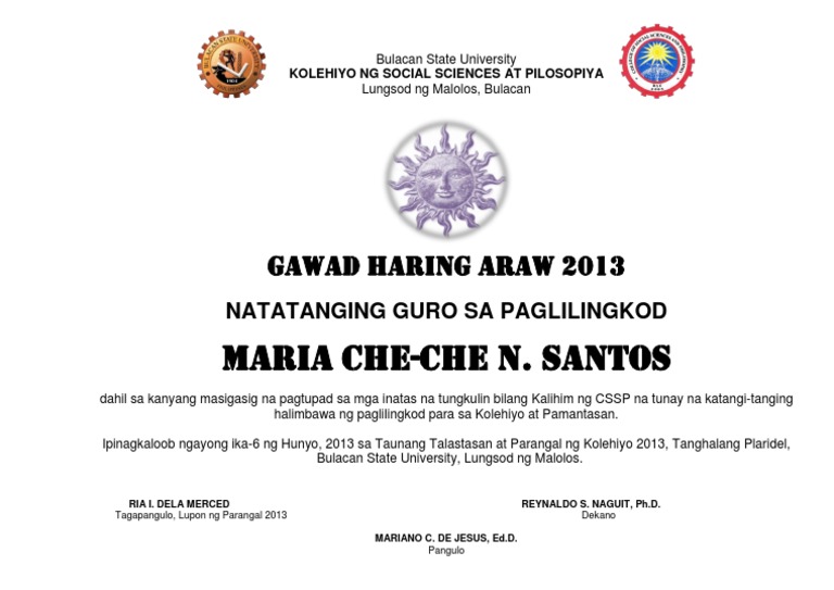 Sample Certificate Gawad Haring Araw | PDF
