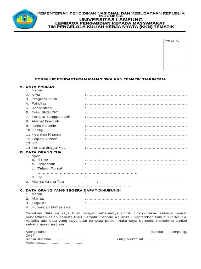 Formulir Pendaftaran KKN | PDF