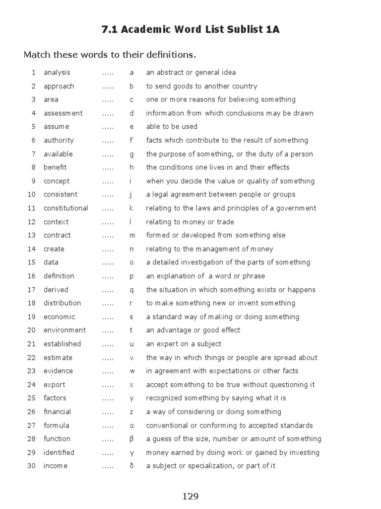 7.1 Academic Word List Sublist 1A: Match These Words To Their Definitions | PDF