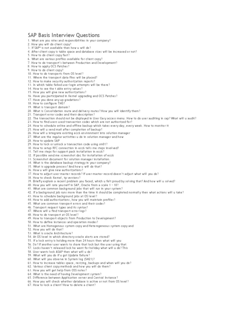 SAP Basis Interview Questions and Answers | PDF | Oracle Database | Operating System