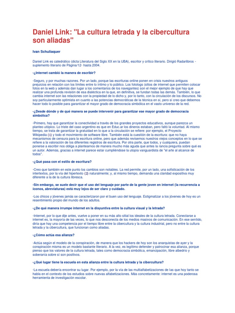 Daniel Link: Cultura letrada y cibercultura | PDF | Internet | Democracia