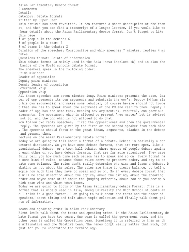 Overview of Asian Parliamentary Debate Format | PDF | Political ...