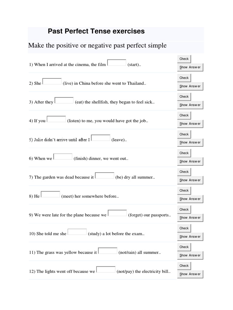 Past Perfect Tense Exercises | PDF