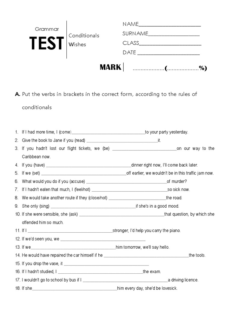 Conditionals 1,2,3-Wishes Test | PDF | Syntax | Grammar