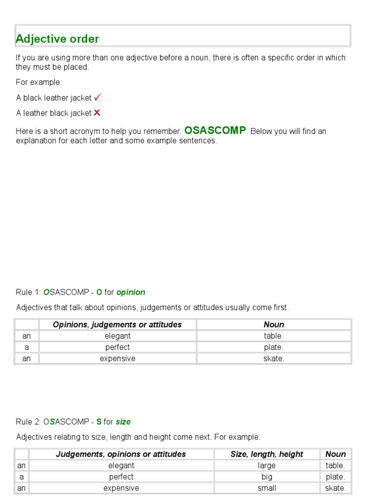 OSASCOMP Adjective Order Explained | PDF | Adjective | Noun
