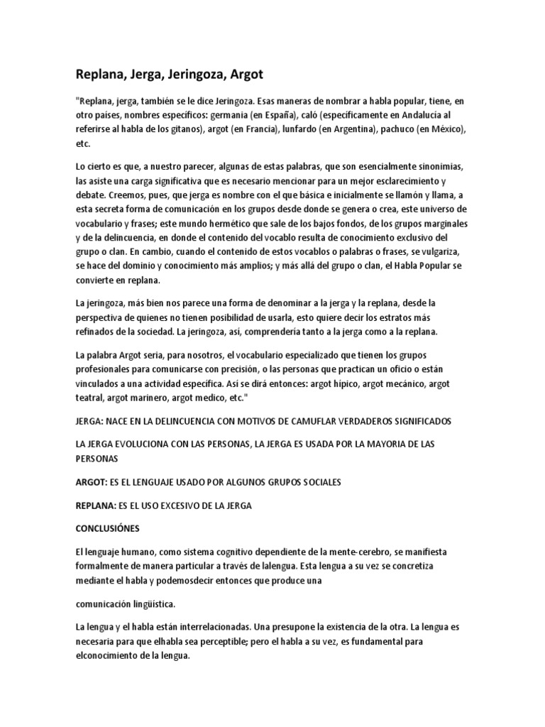 Jerga, Argot y Replana | Jerga | Dialecto