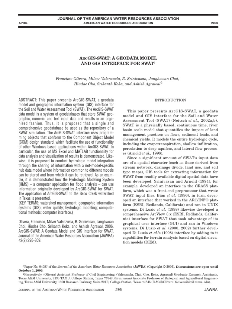 2006 ArcGIS SWAT A Geodata Model and GIS Interface For SWAT | PDF