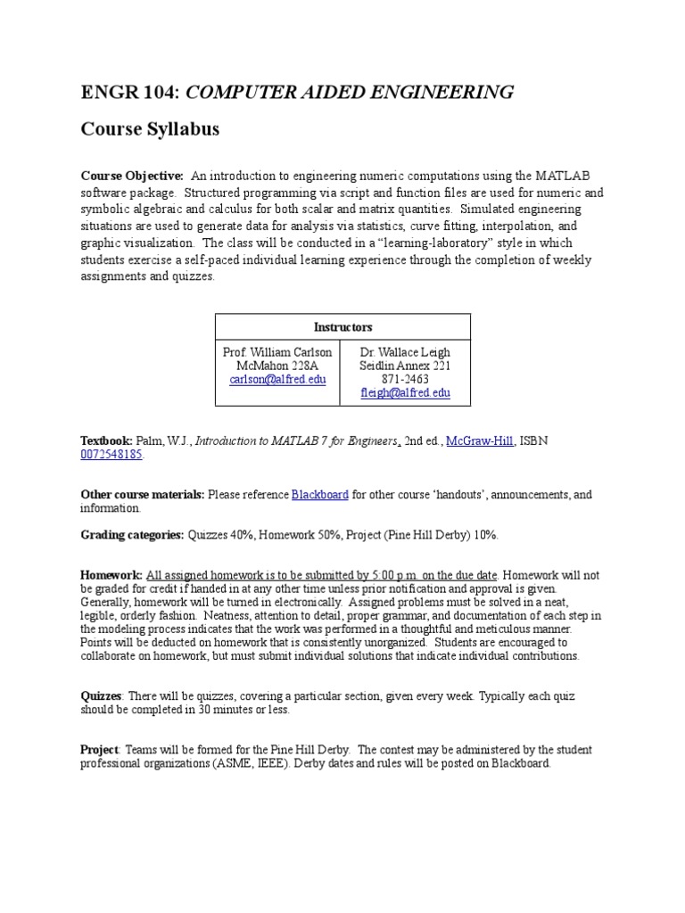 ENGR 104: MATLAB Engineering Course | PDF | Matlab | Matrix (Mathematics)