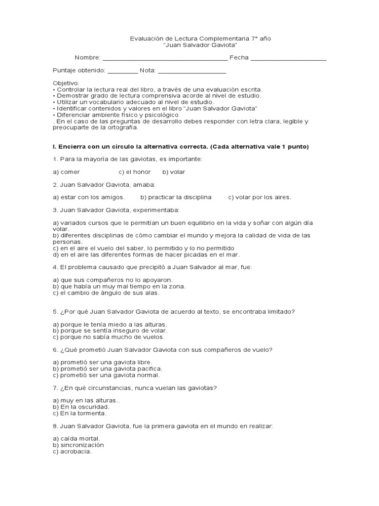 Juan Salvador Gaviota Richar Bach Comprensión Lectora. | PDF