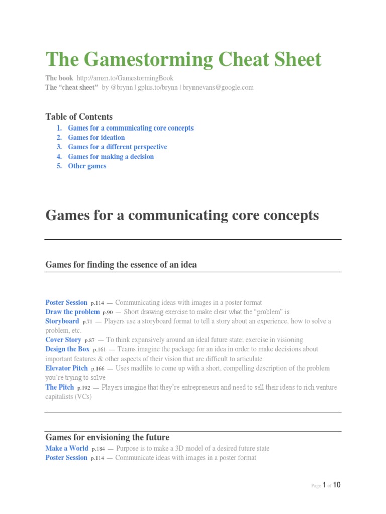 The Gamestorming Cheat Sheet: Games For A Communicating Core Concepts ...