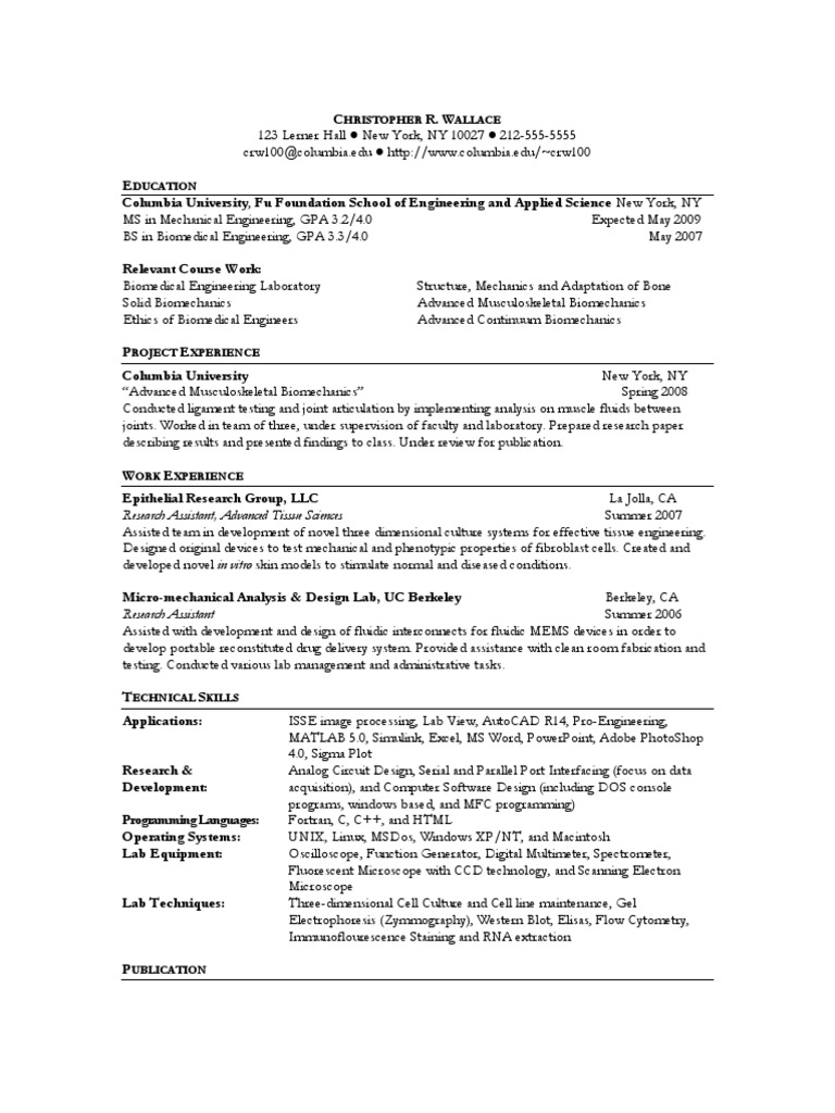Sample Engineering Resume | PDF | Biomechanics | Biomedical Engineering