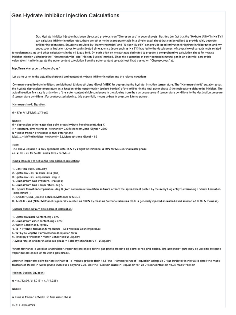 Gas Hydrate Inhibitor Injection Calculations | PDF | Methanol | Natural Gas