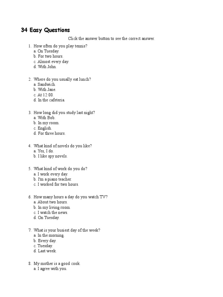 Easy Questions An Assessment Of Basic English Grammar And Vocabulary