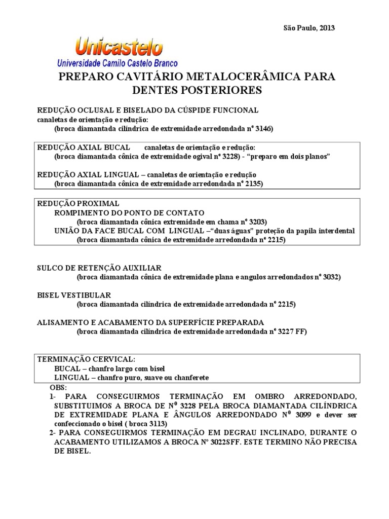 Preparo Cavitário Metalocerâmica para Dentes Posteriores | PDF