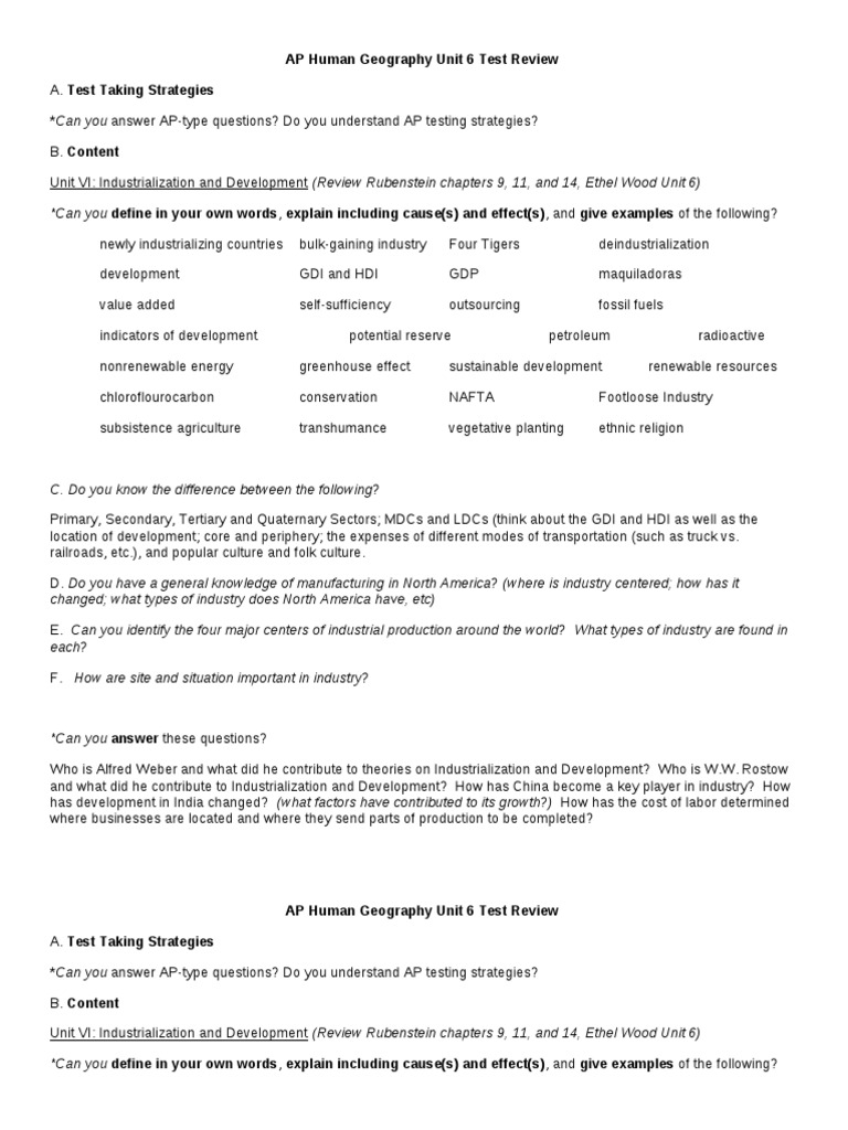 AP Human Geography Unit 6 Test Review | PDF | Nature | Business
