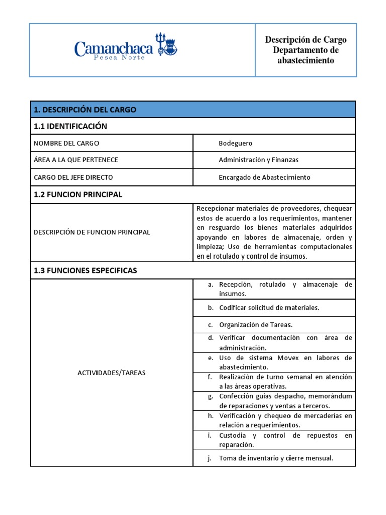 Formato Descripcion Del Cargo Bodeguero