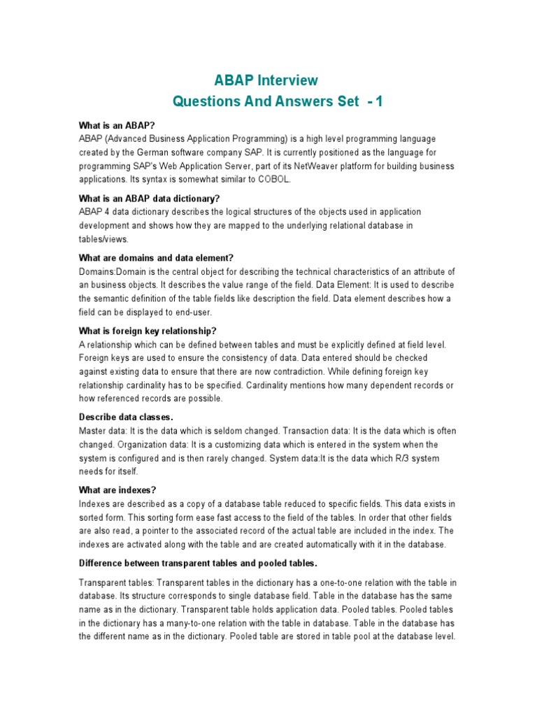 Abap Interview Questions And Answers Set 1 What Is An Abap Pdf Databases Information