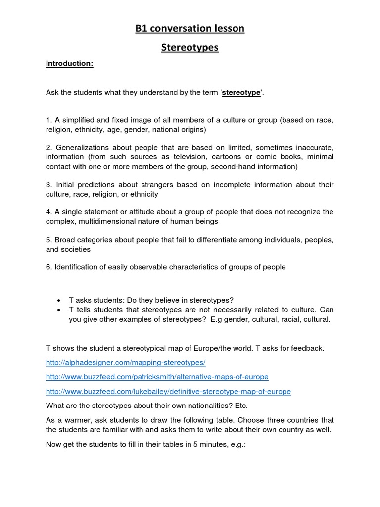 B1 Lesson Plan on Stereotypes | PDF | Stereotypes | Race (Human ...