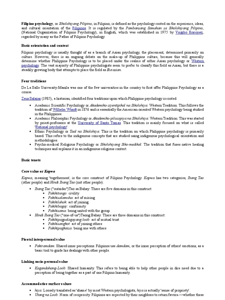 Filipino Psychology, Or Sikolohiyang Pilipino, In Filipino, Is Defined ...