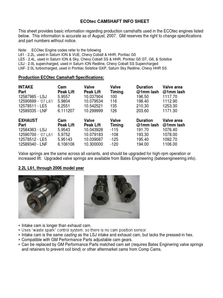 Ecotec Camshaft Info Sheet 2 | PDF | Engine Technology | General Motors ...