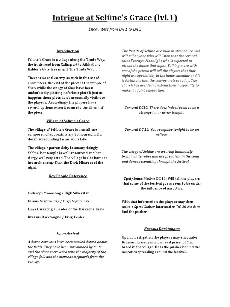 Selûne's Grace Level 1 Encounters | PDF | Dungeons & Dragons | Leisure