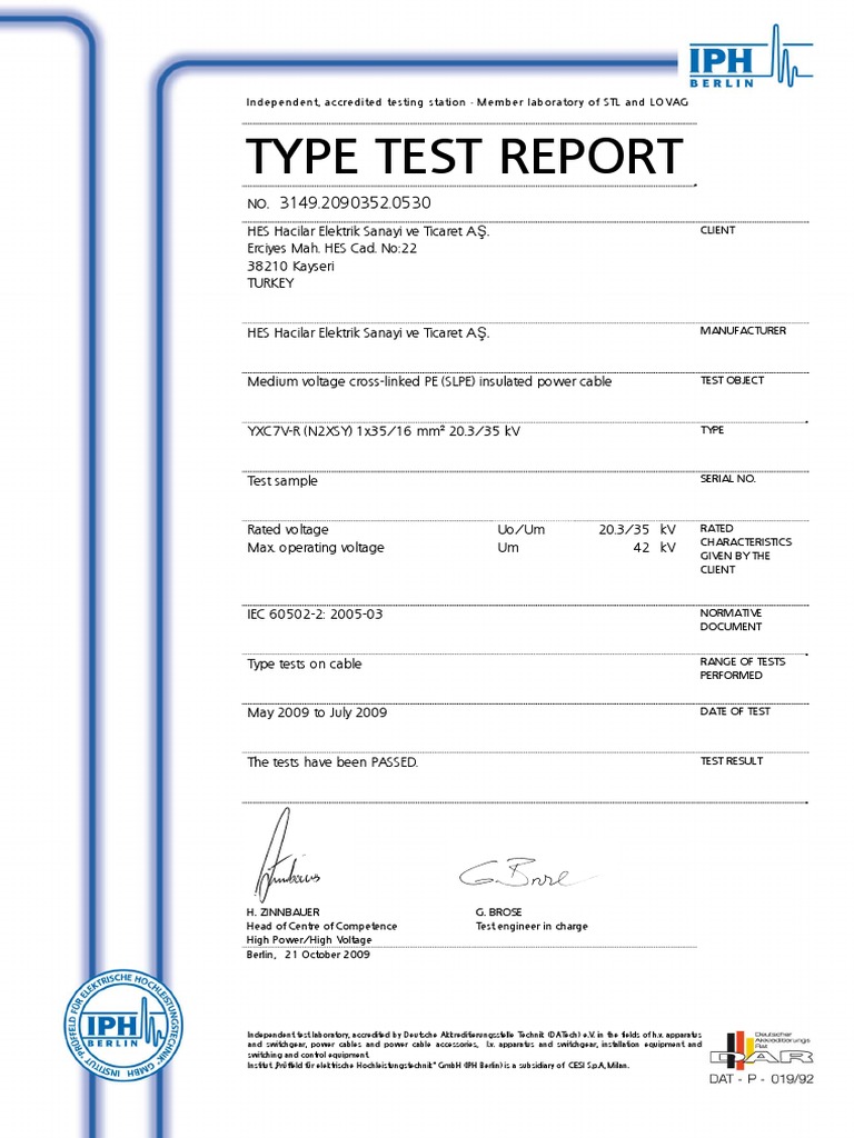 Type Test Report for Power Cable YXC7V-R | PDF | Capacitor | Electrical ...
