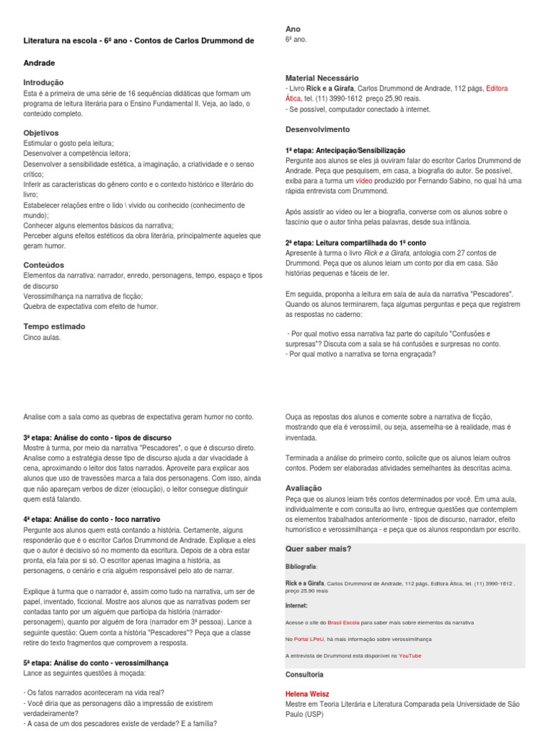 Contos de Drummond no 6º Ano | PDF | Narração | Contos