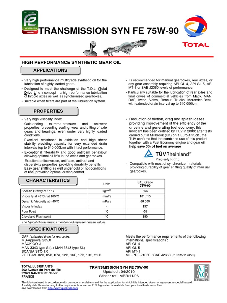 Transmission Syn FE 75W-90 A 0410 | PDF | Motor Oil | Automotive Industry