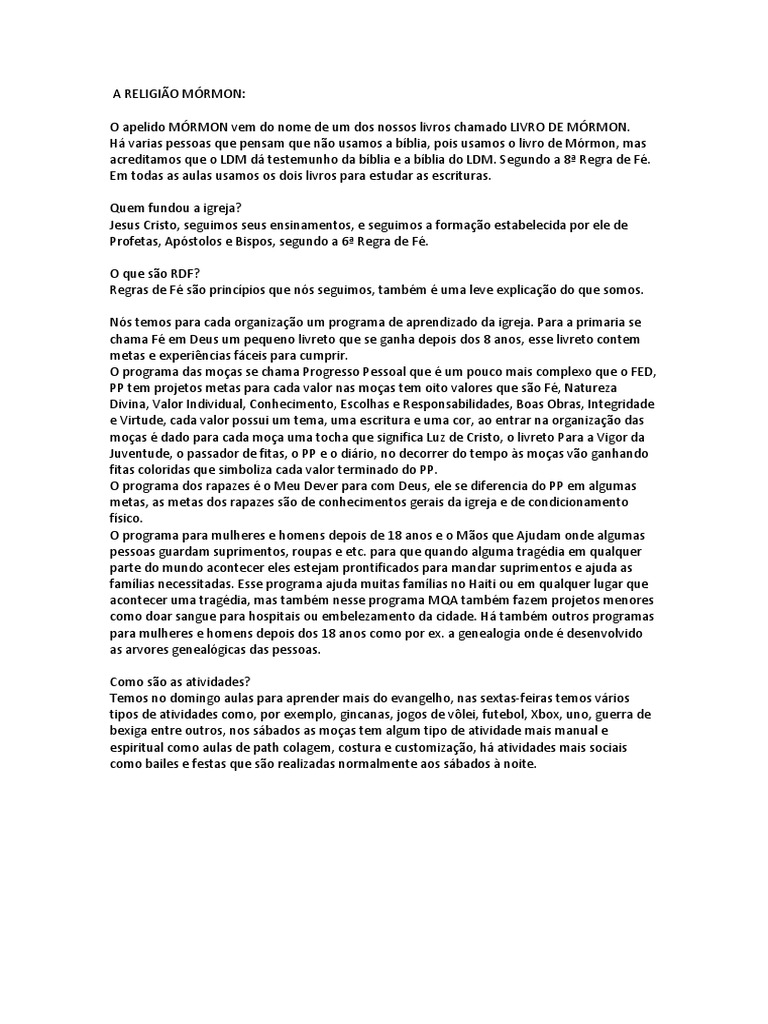 Programas e Crenças da Religião Mórmon | PDF | A Igreja de Jesus Cristo ...