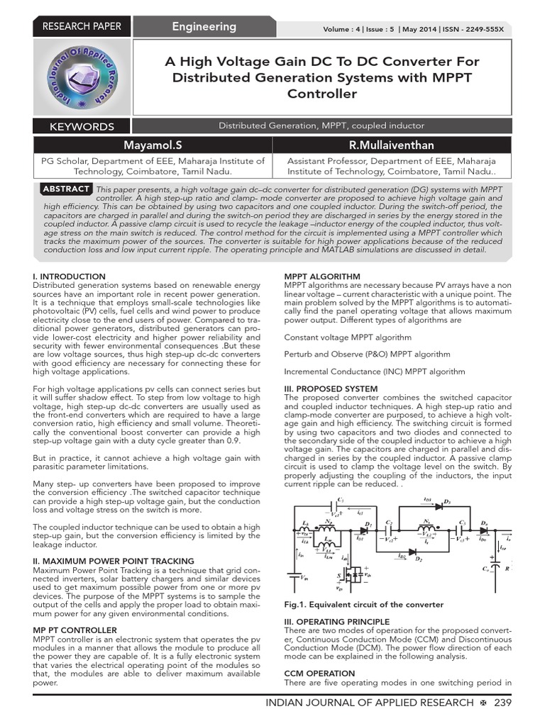 A High Voltage Gain DC To DC Converter For Distributed Generation Systems With MPPT Controller ...
